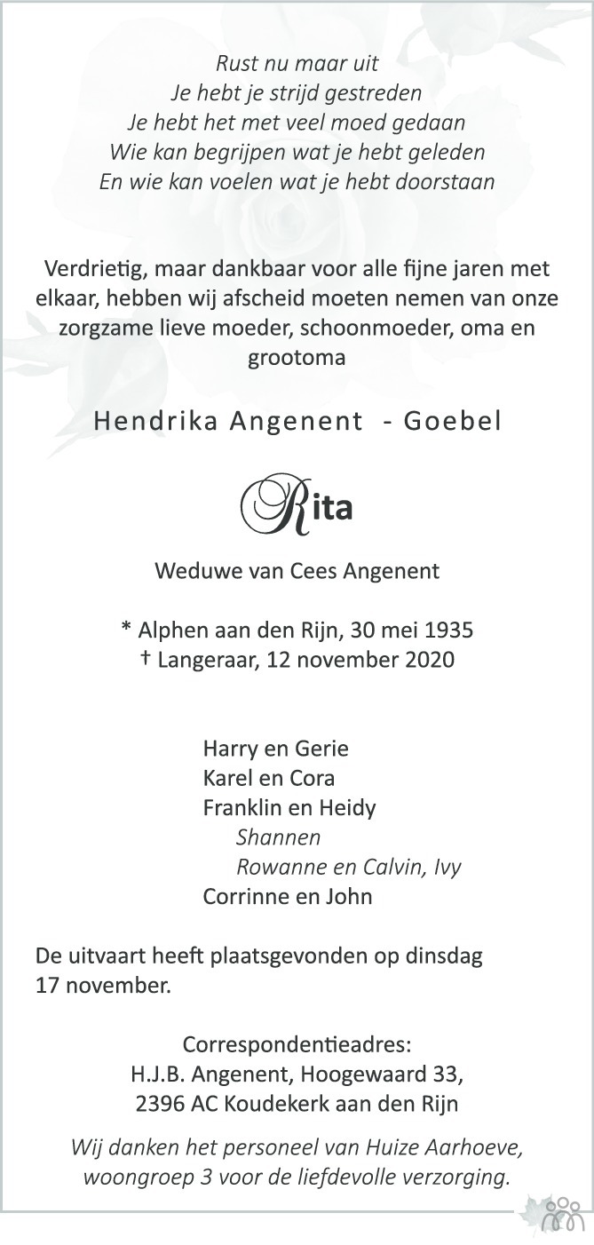 Hendrika (Rita) Angement-Goebel 12-11-2020 overlijdensbericht en ...