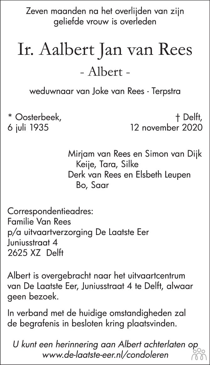 Aalbert Jan (Albert) van Rees 12-11-2020 overlijdensbericht en ...