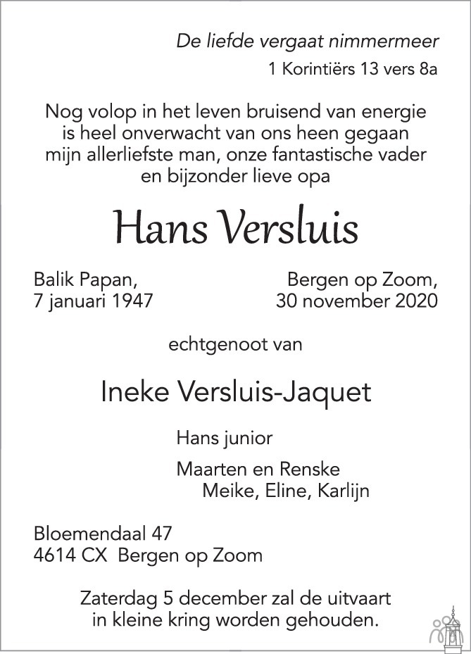 Hans Versluis 30-11-2020 overlijdensbericht en condoleances - Mensenlinq.nl