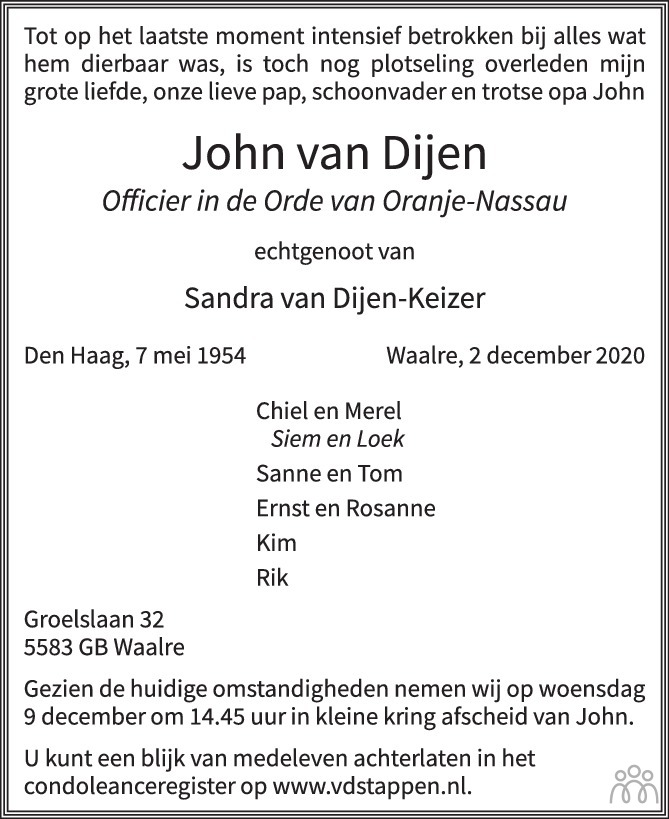 John van Dijen 02-12-2020 overlijdensbericht en condoleances ...