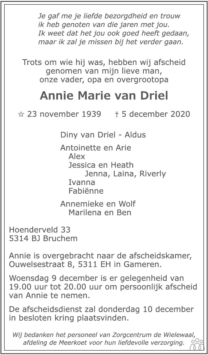 Annie Marie van Driel 05-12-2020 overlijdensbericht en condoleances ...