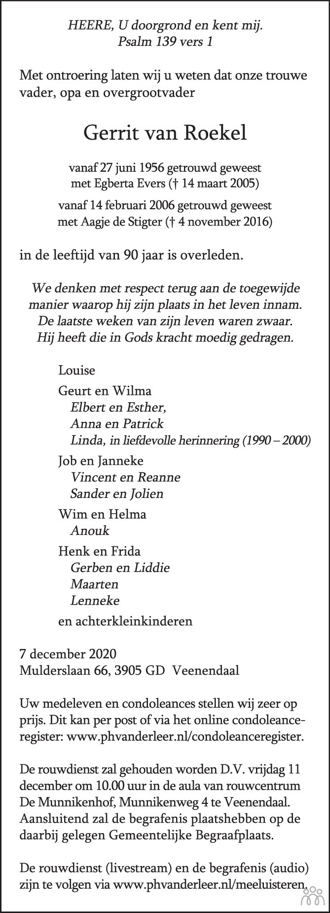 Gerrit van Roekel 07-12-2020 overlijdensbericht en condoleances ...