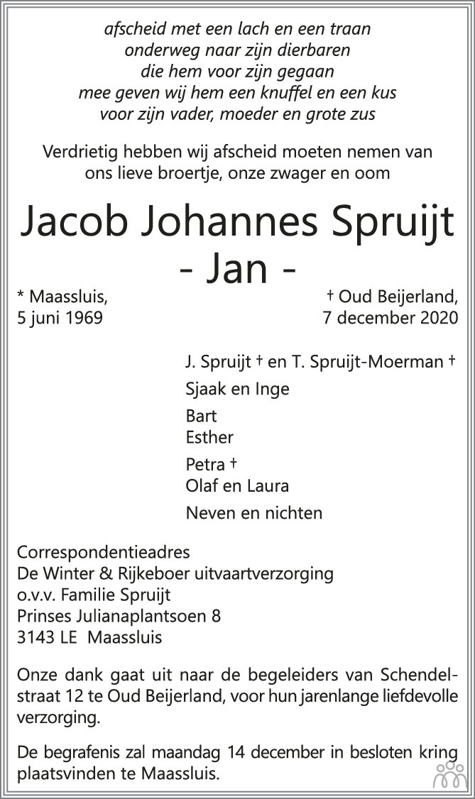 Jacob Johannes (Jan) Spruijt 07-12-2020 overlijdensbericht en condoleances - Mensenlinq.nl
