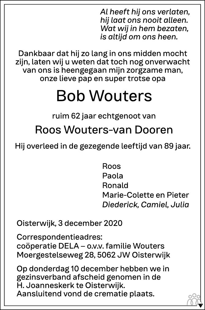 Bob Wouters 03-12-2020 overlijdensbericht en condoleances - Mensenlinq.nl