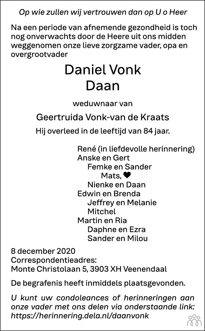 Daniel (Daan) Vonk 08-12-2020 overlijdensbericht en condoleances ...