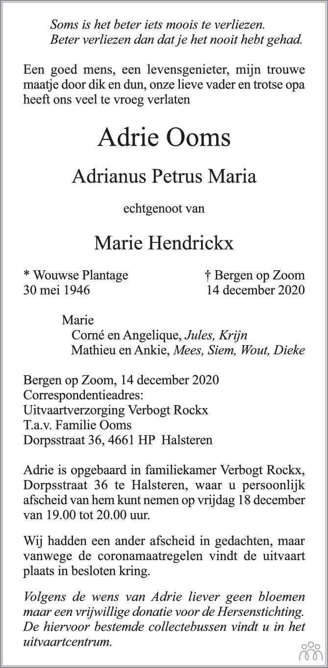 Adrie (Adrianus Petrus Maria) Ooms 14-12-2020 overlijdensbericht en ...