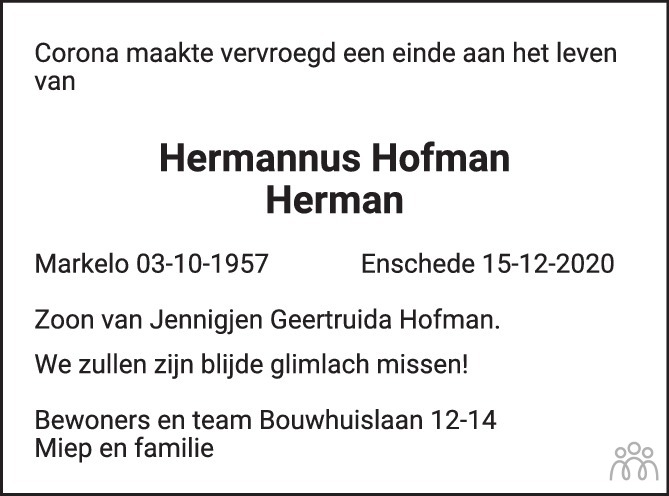 Hermannus (Herman) Hofman 15-12-2020 overlijdensbericht en condoleances ...