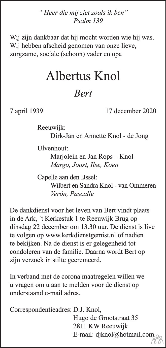 Albertus (Bert) Knol 17-12-2020 overlijdensbericht en condoleances ...