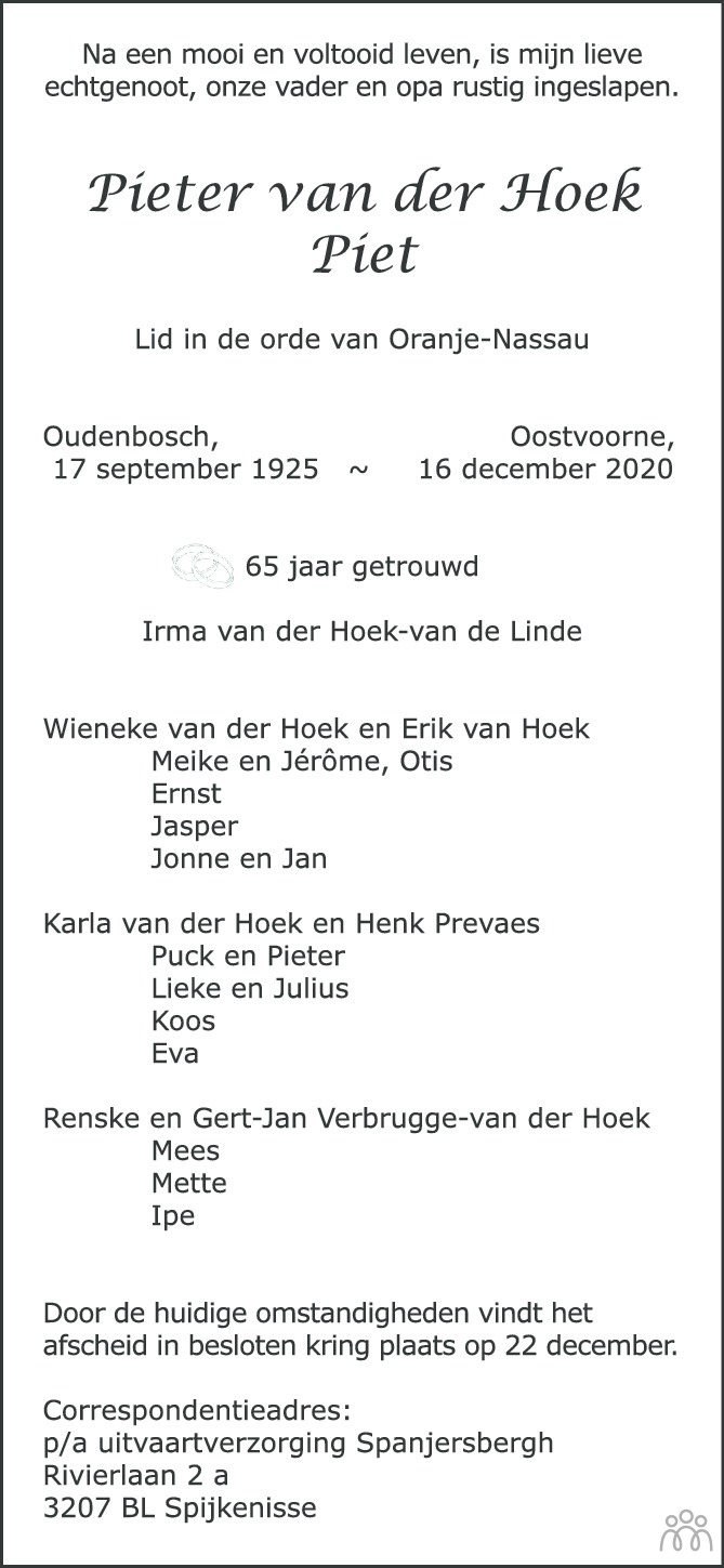 Pieter (Piet) van der Hoek 16-12-2020 overlijdensbericht en ...