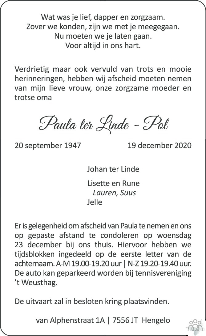Paula ter Linde-Pol 19-12-2020 overlijdensbericht en condoleances ...