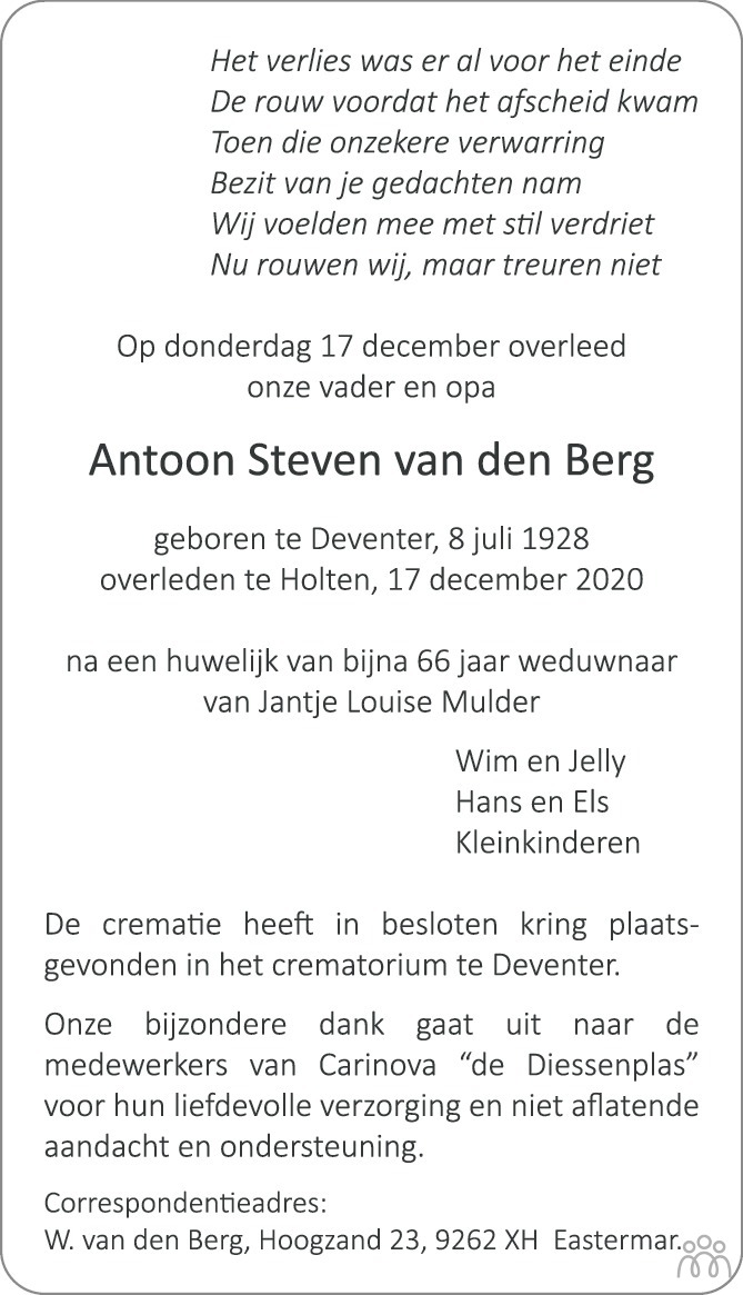 Antoon Steven van den Berg 17-12-2020 overlijdensbericht en ...