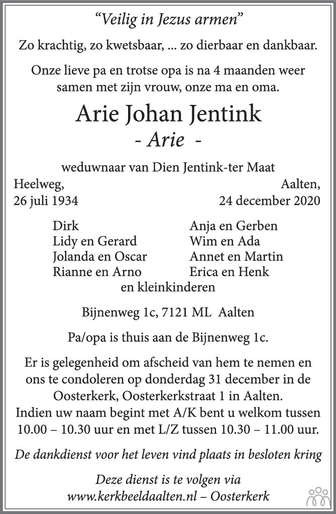 Arie Johan (Arie) Jentink 24-12-2020 overlijdensbericht en condoleances ...