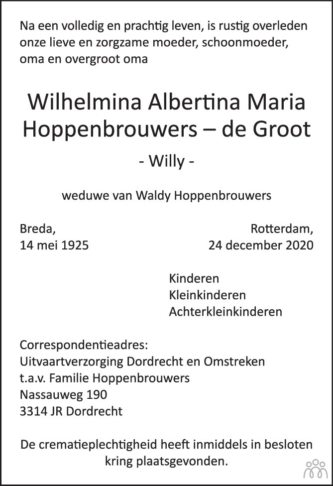 Wilhelmina Albertina Maria (Willy) Hoppenbrouwers-de Groot 24-12-2020 overlijdensbericht en ...
