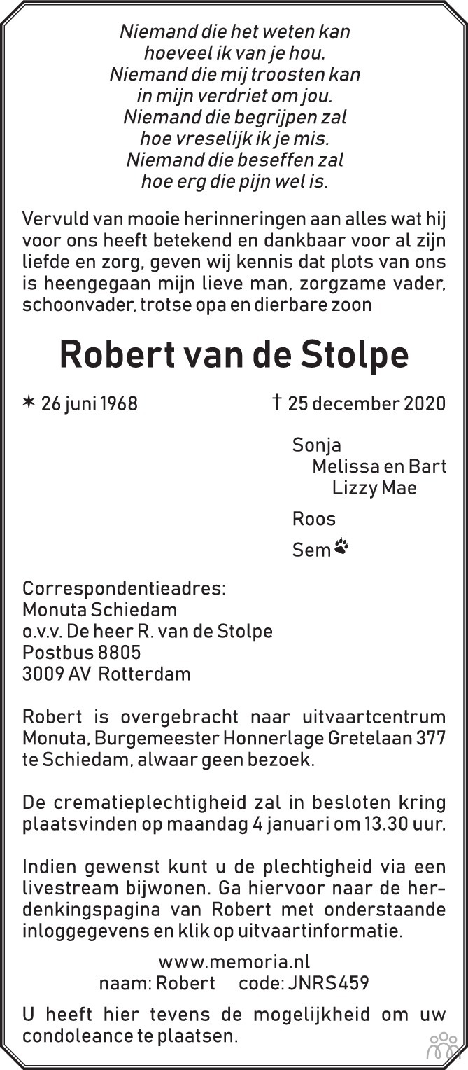 Robert van de Stolpe 25-12-2020 overlijdensbericht en condoleances ...