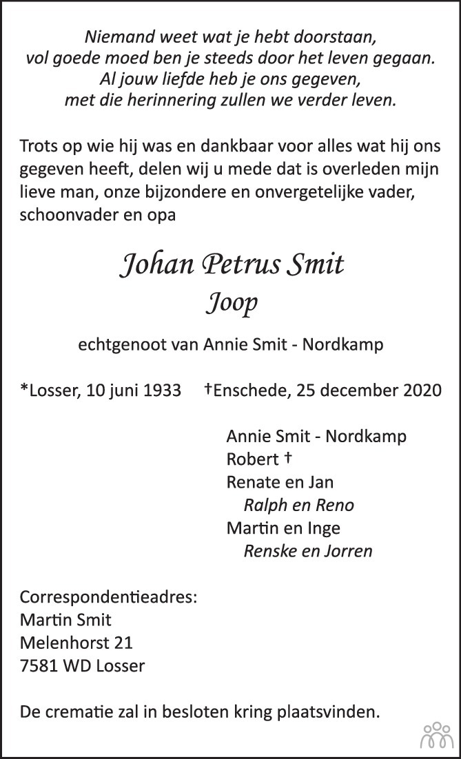 Johan Petrus (Joop) Smit 25-12-2020 overlijdensbericht en condoleances ...