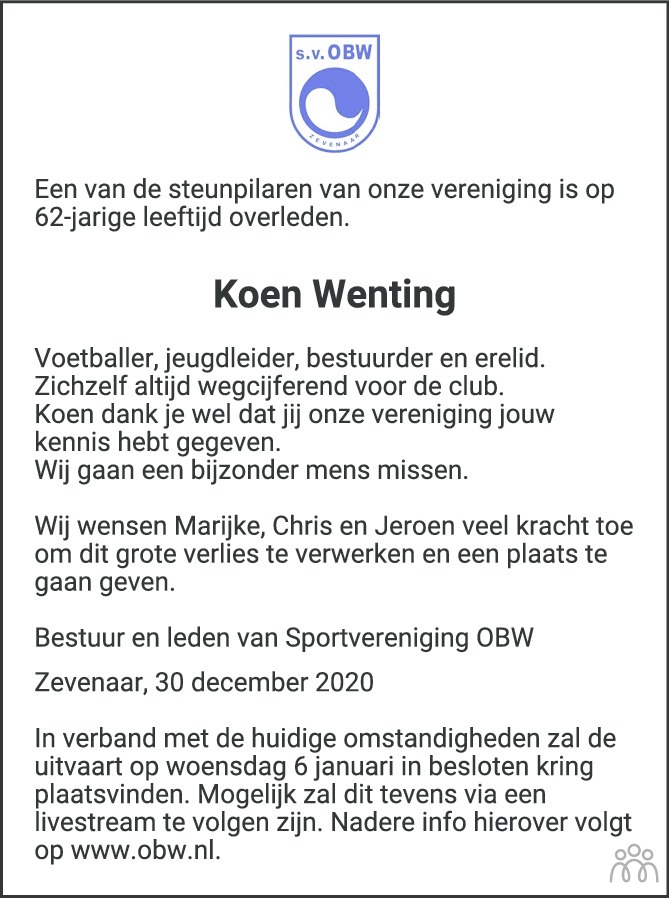 Koen Wenting 30-12-2020 overlijdensbericht en condoleances - Mensenlinq.nl