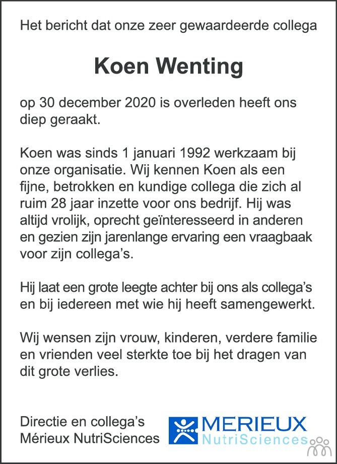 Koen Wenting 30-12-2020 overlijdensbericht en condoleances - Mensenlinq.nl