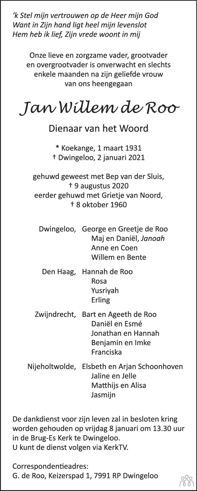 Jan Willem de Roo 02-01-2021 overlijdensbericht en condoleances ...