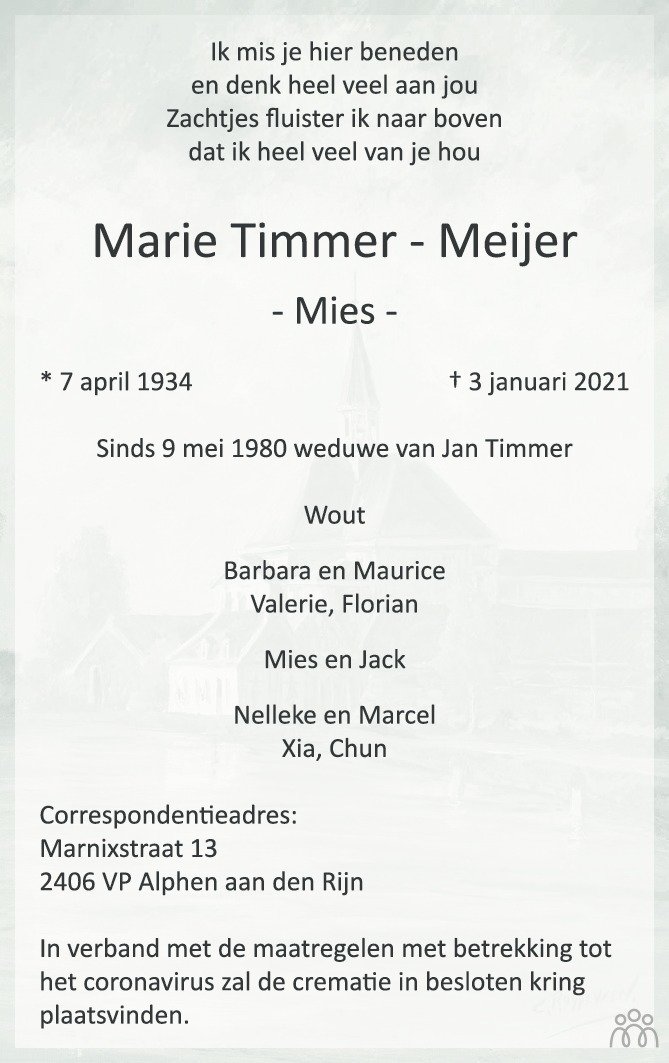 Marie (Mies) Timmer-Meijer 03-01-2021 overlijdensbericht en ...