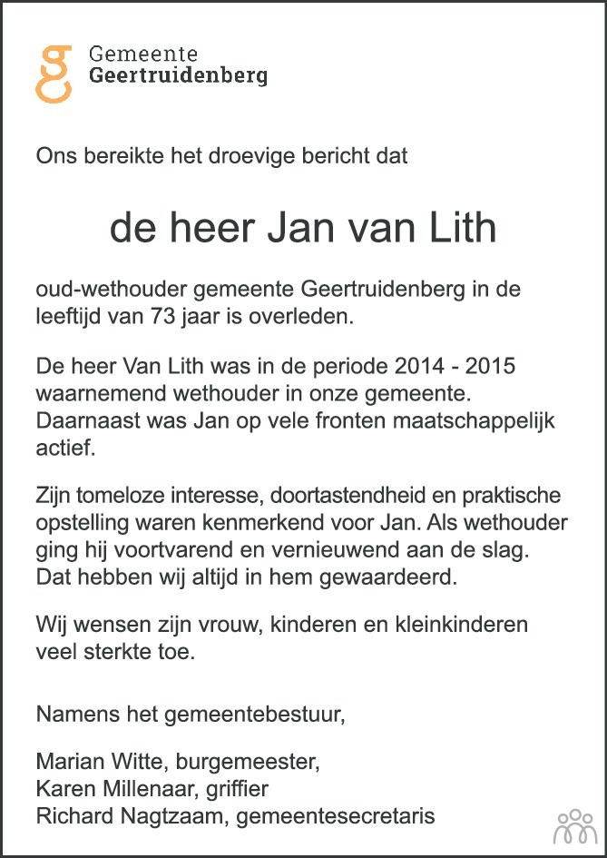 Jan van Lith 04-01-2021 overlijdensbericht en condoleances - Mensenlinq.nl