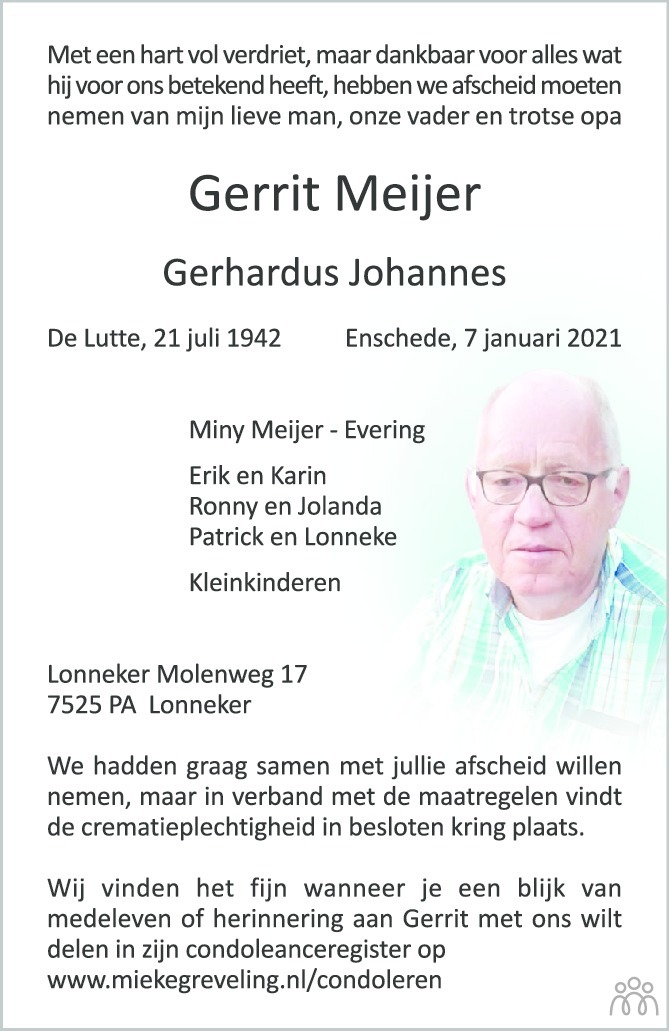 Gerrit (Gerhardus Johannes) Meijer 07-01-2021 overlijdensbericht en ...