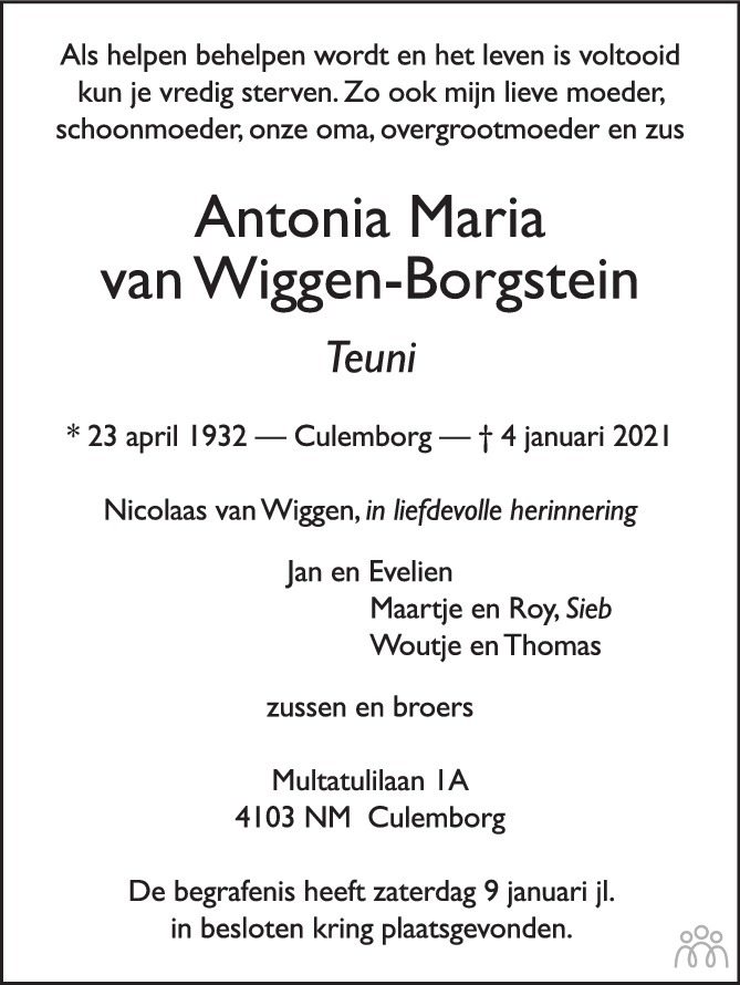 Antonia Maria (Teuni) van Wiggen-Borgstein 04-01-2021 ...