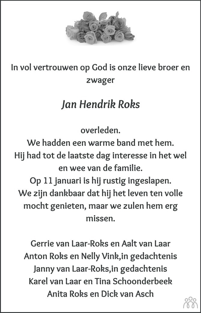 Jan Hendrik Roks 11-01-2021 overlijdensbericht en condoleances ...