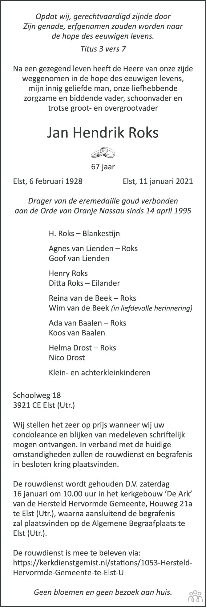 Jan Hendrik Roks 11-01-2021 overlijdensbericht en condoleances ...