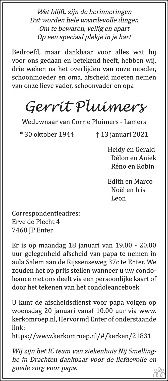 Recente Overlijdensberichten Enter | overledene