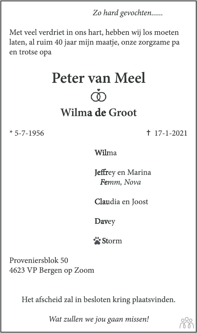 Peter van Meel 17-01-2021 overlijdensbericht en condoleances ...