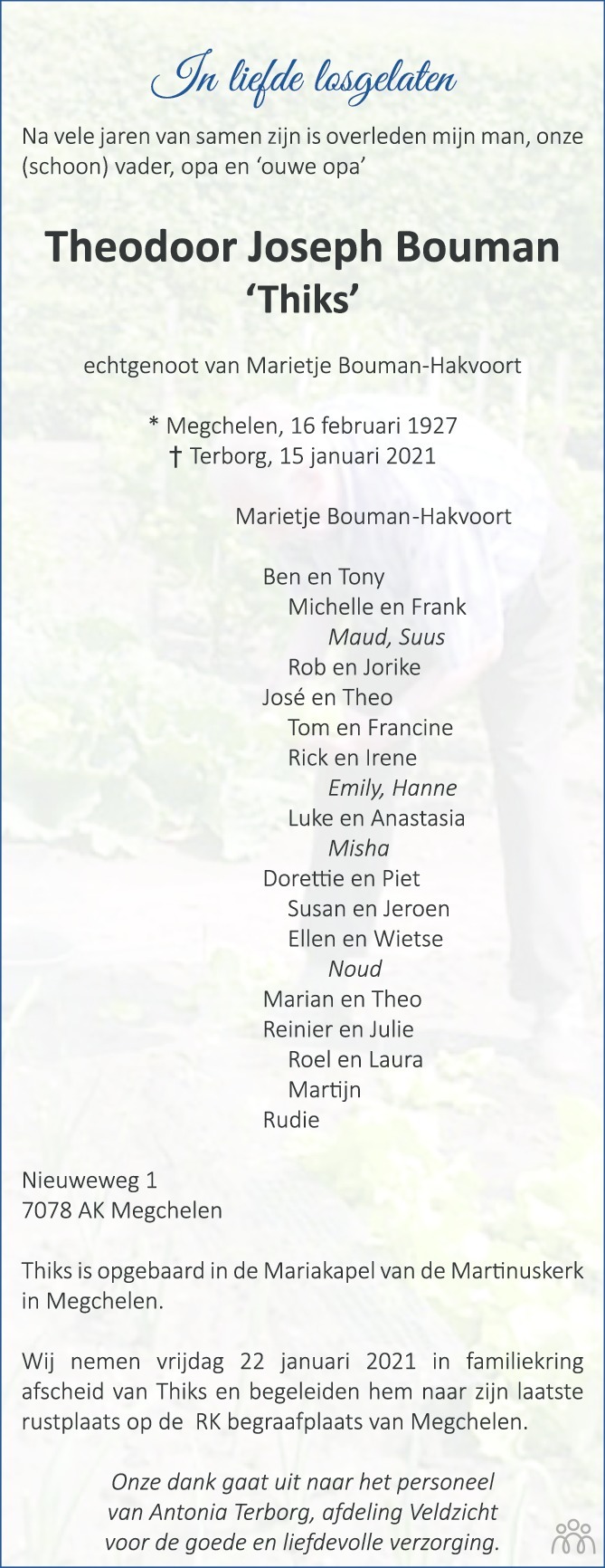 Theodoor Joseph (Thiks) Bouman 15-01-2021 overlijdensbericht en ...