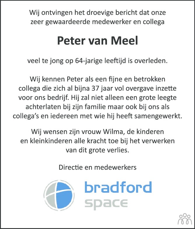 Peter van Meel 17-01-2021 overlijdensbericht en condoleances ...