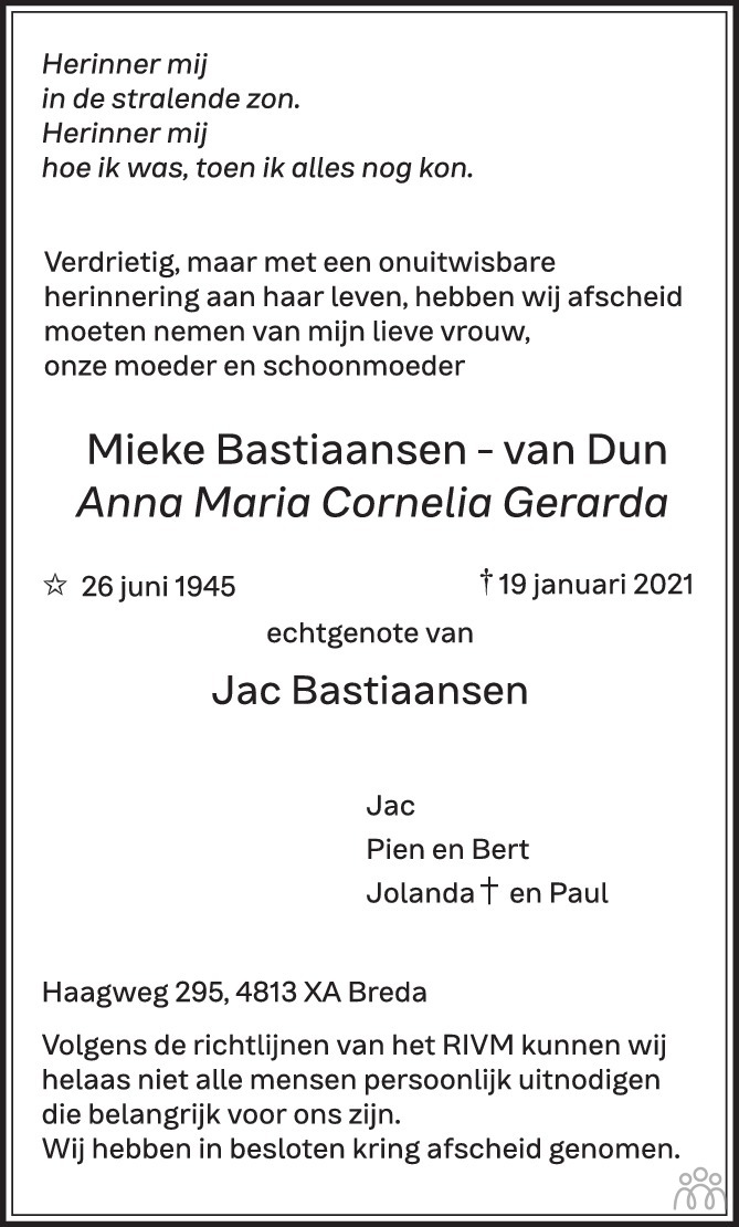 Mieke (Anna Maria Cornelia Gerarda) Bastiaansen-van Dun 19-01-2021 ...