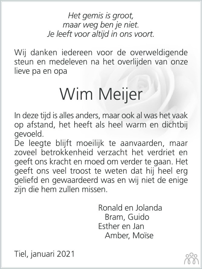 Wim (Wilhelmus Johannes Maria) Meijer 14-11-2020 overlijdensbericht en ...