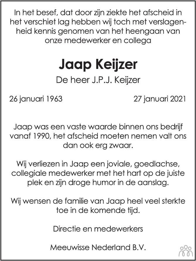 Jaap Keijzer 27-01-2021 overlijdensbericht en condoleances - Mensenlinq.nl