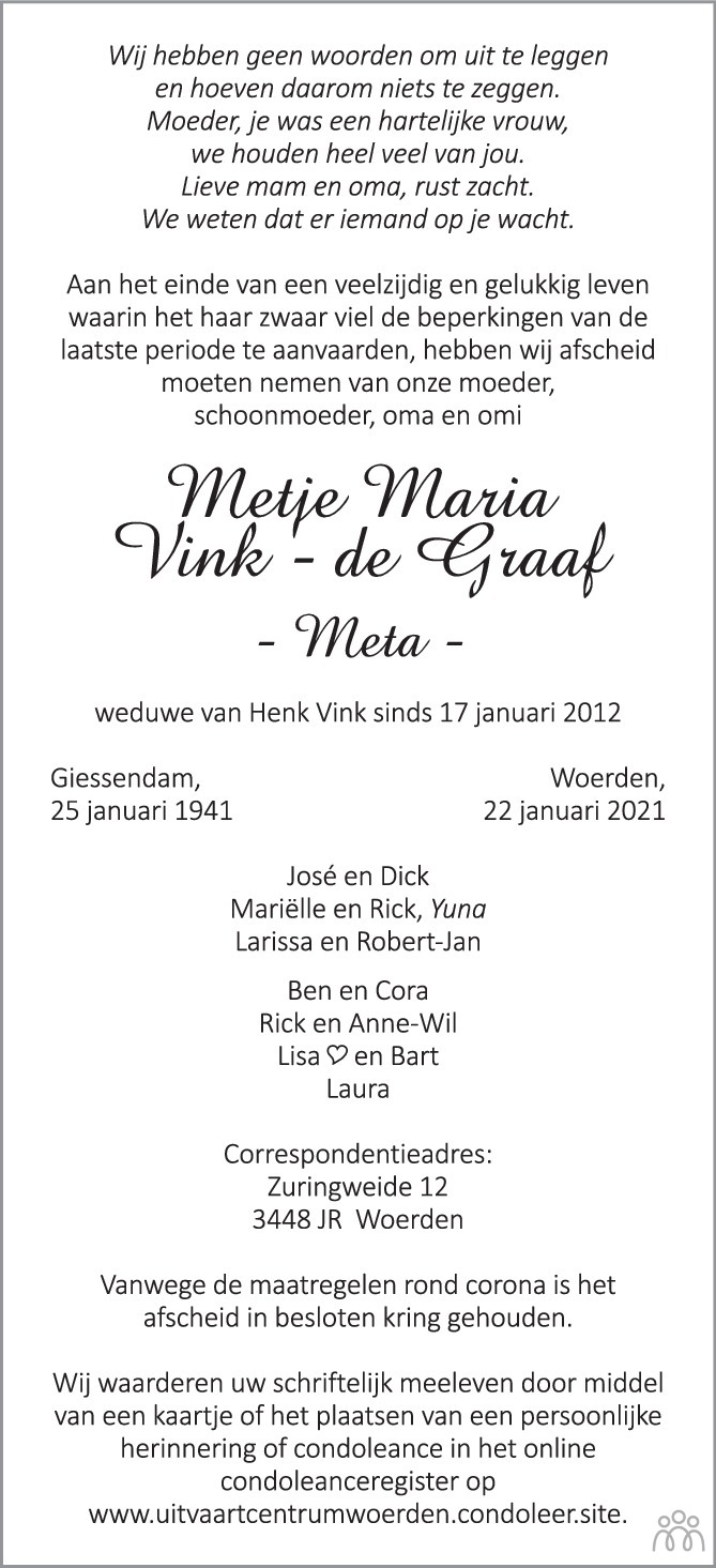 Metje Maria (Meta) Vink-de Graaf 22-01-2021 overlijdensbericht en ...