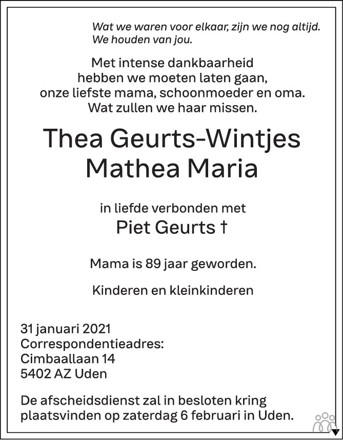 Thea (Mathea Maria) Geurts-Wintjes 31-01-2021 overlijdensbericht en ...