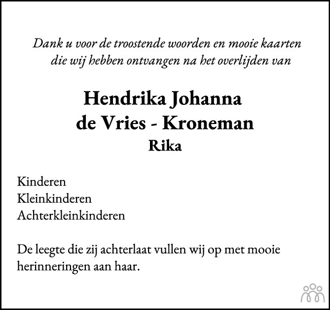 Hendrika Johanna (Rika) de Vries-Kroneman 05-01-2021 overlijdensbericht en condoleances ...
