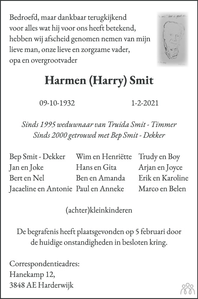 Harmen (Harry) Smit 01-02-2021 overlijdensbericht en condoleances ...