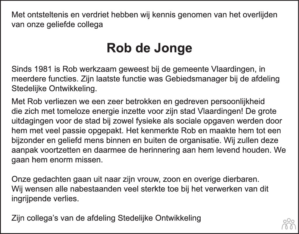 Rob de Jonge 05-02-2021 overlijdensbericht en condoleances - Mensenlinq.nl
