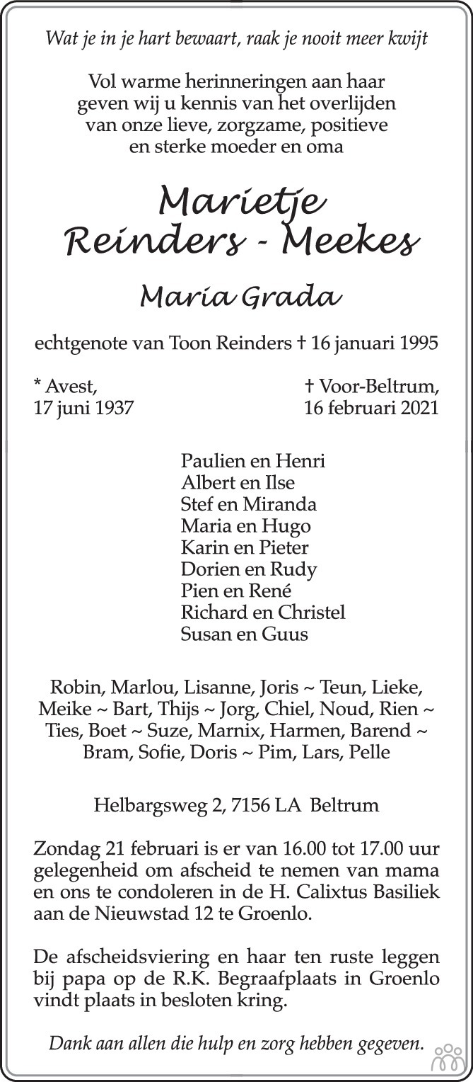 Marietje (Maria Grada) Reinders-Meekes 16-02-2021 overlijdensbericht en ...
