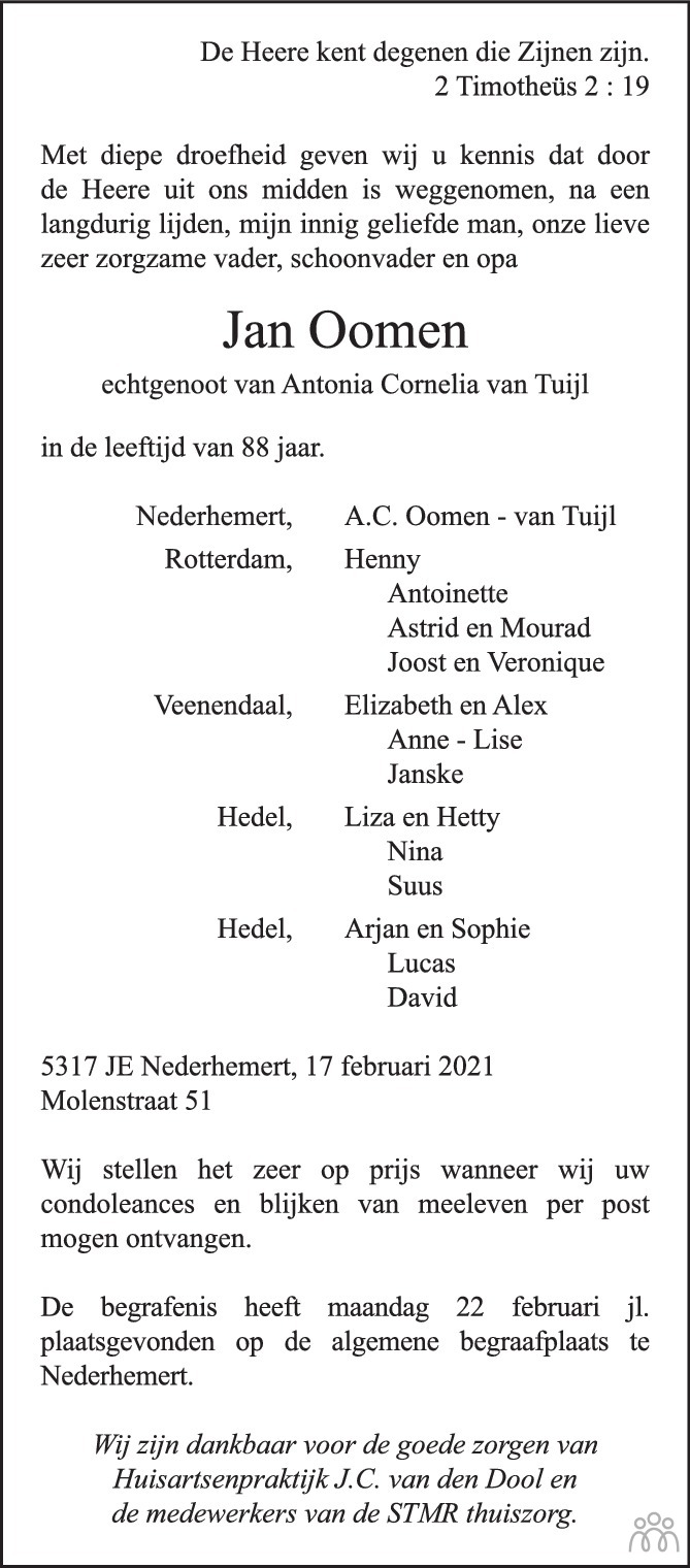 Jan Oomen 17-02-2021 overlijdensbericht en condoleances - Mensenlinq.nl