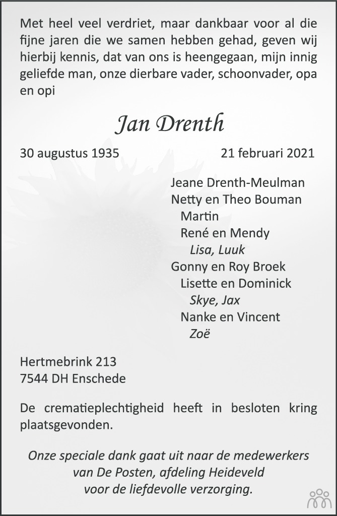 Jan Drenth 21-02-2021 overlijdensbericht en condoleances - Mensenlinq.nl