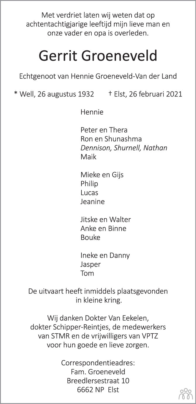 Gerrit Groeneveld 26-02-2021 overlijdensbericht en condoleances ...