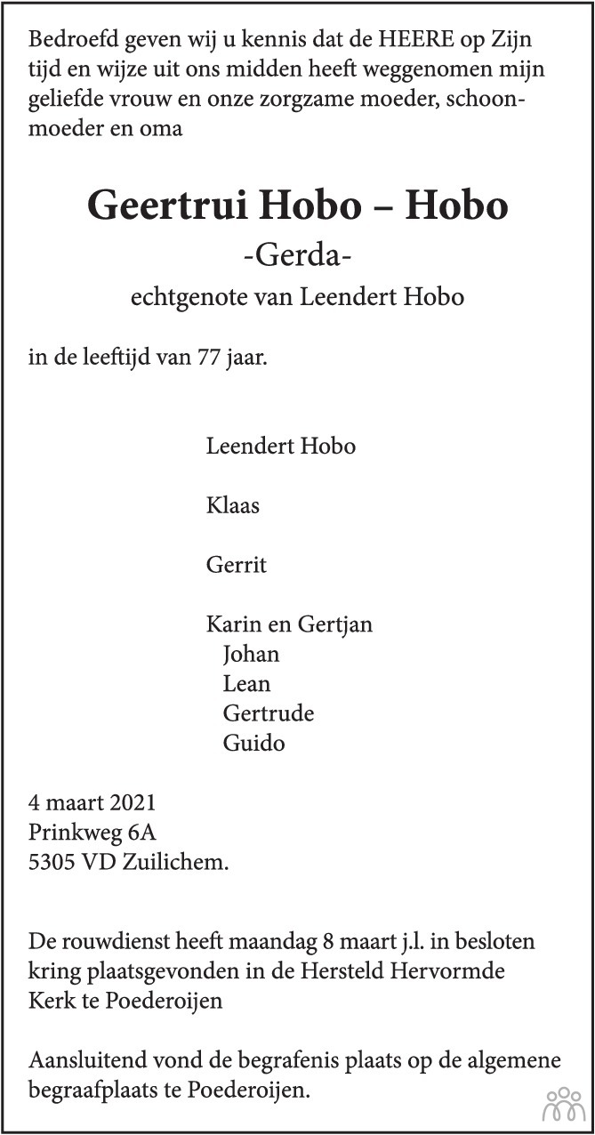 Geertrui (Gerda) Hobo 04-03-2021 overlijdensbericht en condoleances ...