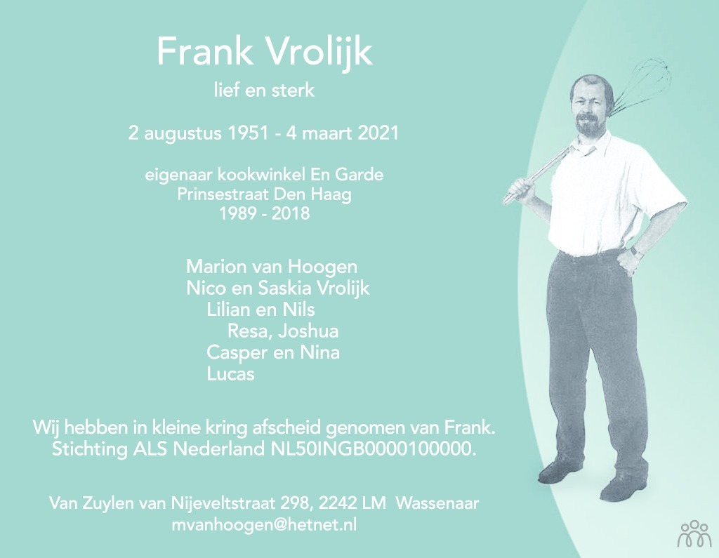 Frank Vrolijk 04-03-2021 overlijdensbericht en condoleances - Mensenlinq.nl