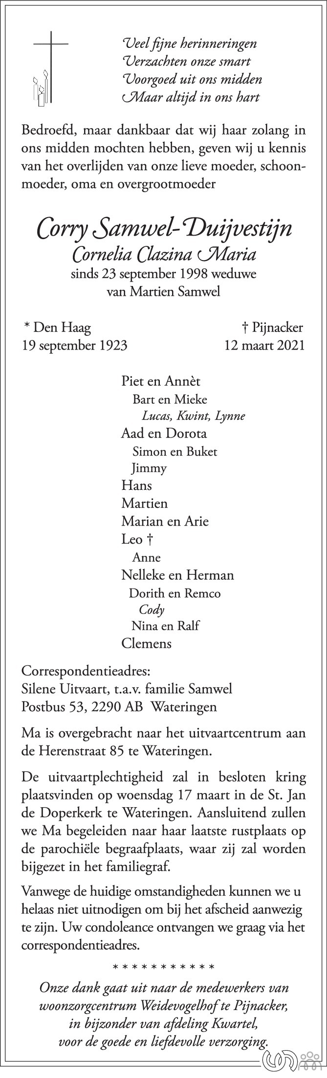 Cornelia Clazina Maria (Corry) Samwel-Duijvestijn 12-03-2021 ...