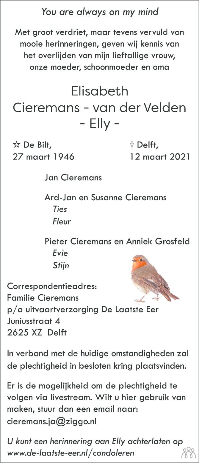 Elisabeth (Elly) Cieremans-van der Velden 12-03-2021 overlijdensbericht en condoleances ...