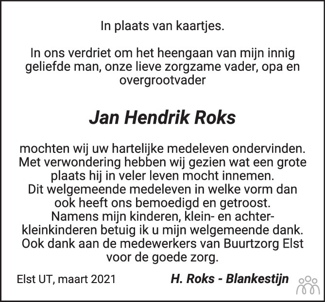 Jan Hendrik Roks 11-01-2021 overlijdensbericht en condoleances ...
