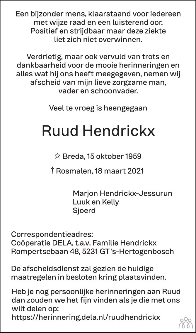 Ruud Hendrickx 18-03-2021 overlijdensbericht en condoleances ...